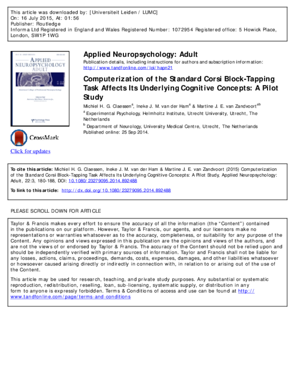 (PDF) Computerization of the Standard Corsi Block-Tapping Task Affects ...