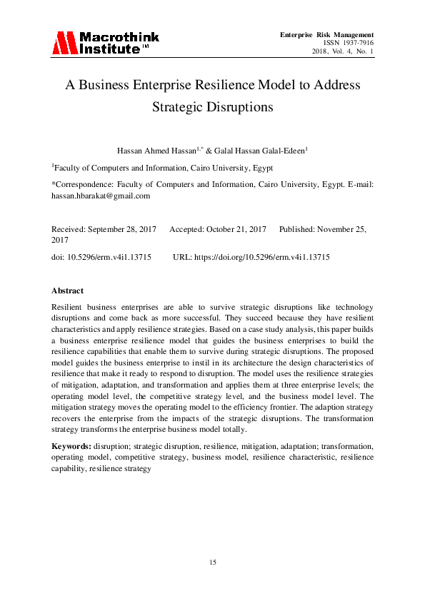 (PDF) A Business Enterprise Resilience Model to Address Strategic Disruptions