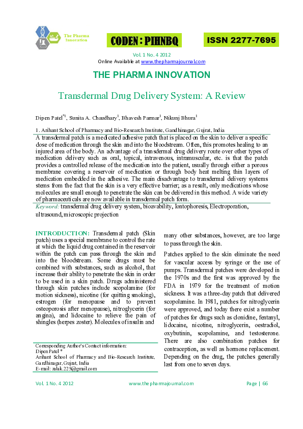 (PDF) Transdermal Drug Delivery System: A Review