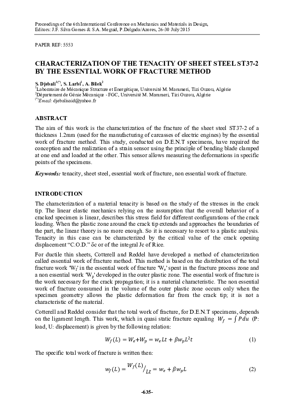 (PDF) Tenacity of Sheet Steel ST37-2 by the Essential Work of Fracture ...