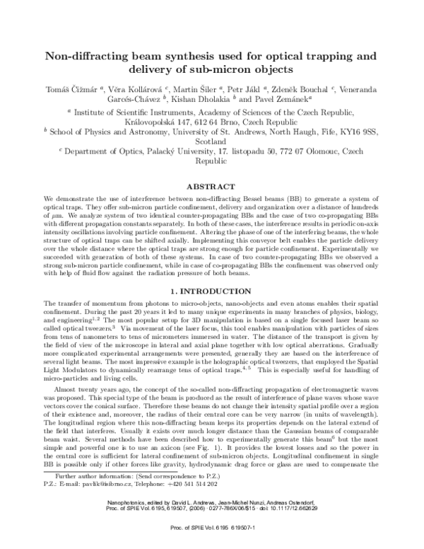 (PDF) Non-diffracting beam synthesis used for optical trapping and delivery of sub-micron objects