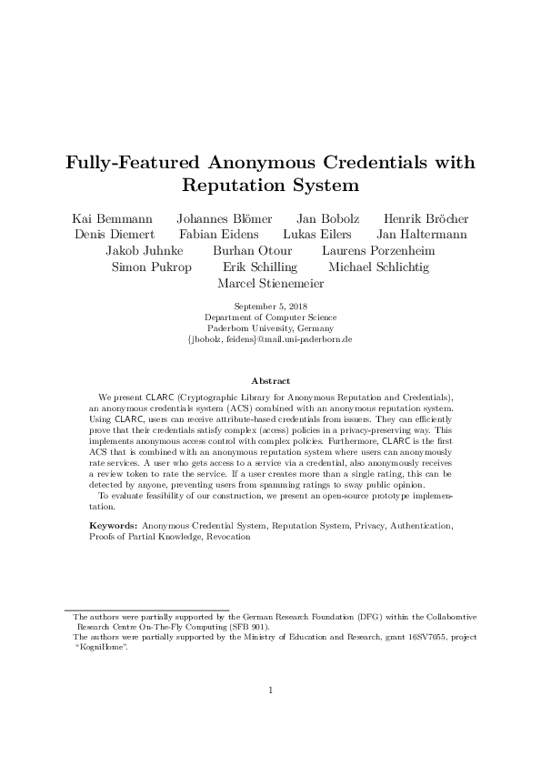 (PDF) Fully-Featured Anonymous Credentials with Reputation System | Johannes Blomer - Academia.edu