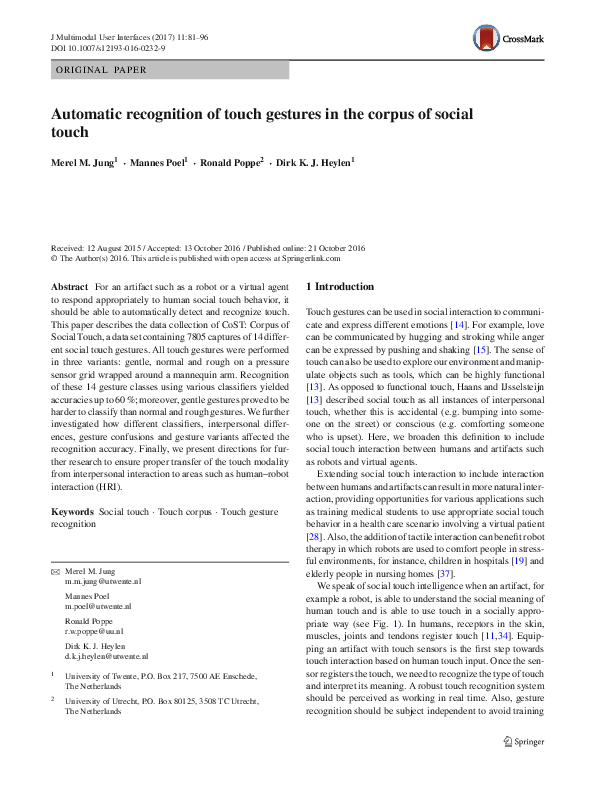 (PDF) Automatic recognition of touch gestures in the corpus of social touch