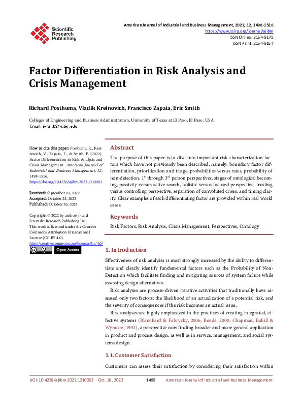 (PDF) Factor Differentiation in Risk Analysis and Crisis Management