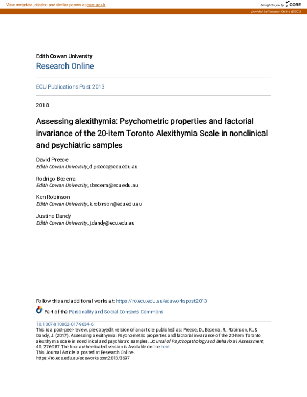 (PDF) Assessing Alexithymia: Psychometric Properties and Factorial ...