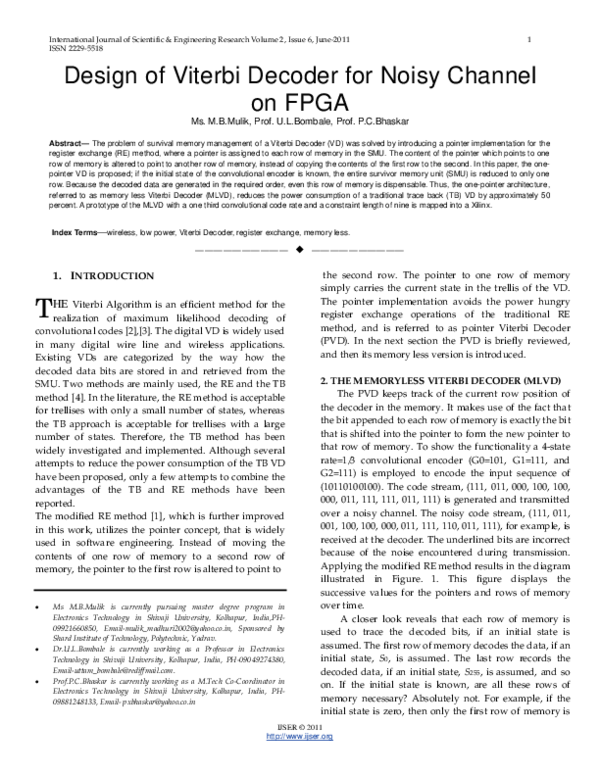 (PDF) Design of Viterbi Decoder for Noisy Channel on FPGA