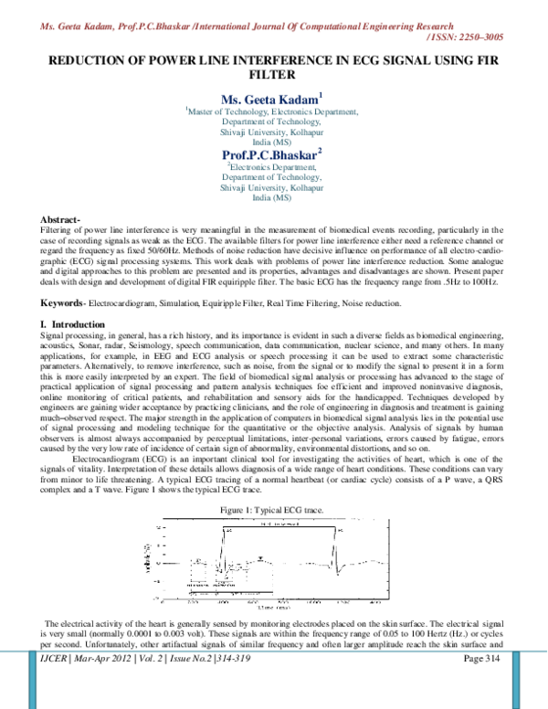 (PDF) Reduction of Power Line Interference in Ecg Signal Using Fir Filter
