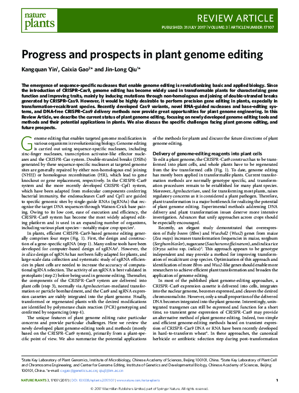 (PDF) Progress and prospects in plant genome editing