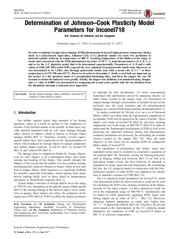(PDF) Determination of Johnson-Cook plasticity model parameters for ...