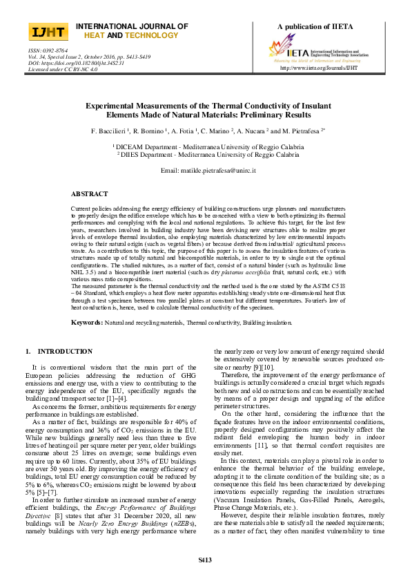 (PDF) Experimental measurements of the thermal conductivity of insulant elements made of natural ...