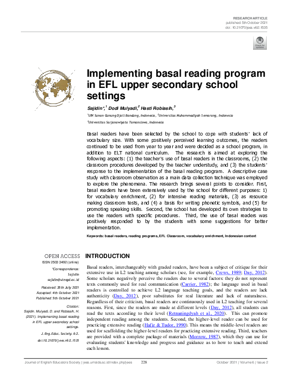 (PDF) Implementing basal reading program in EFL upper secondary school ...