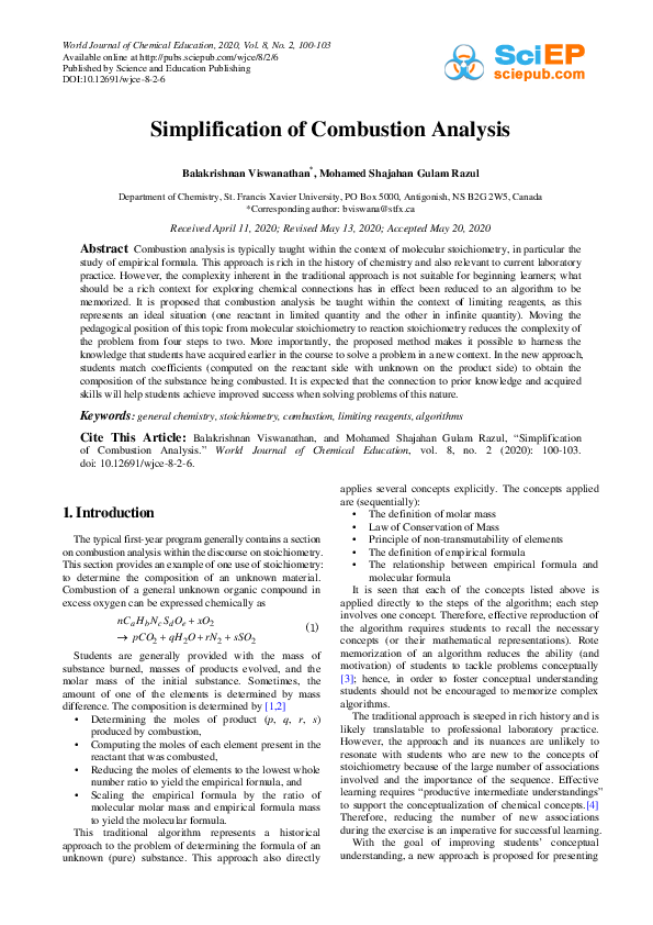 (PDF) Simplification of Combustion Analysis