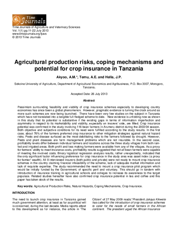 (PDF) Agricultural production risks, coping mechanisms and potential ...