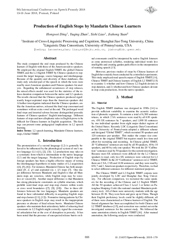 (PDF) Production of English Stops by Mandarin Chinese Learners