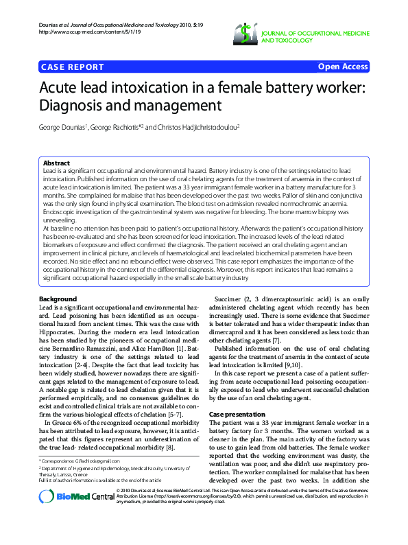 (PDF) Acute lead intoxication in a female battery worker: Diagnosis and ...