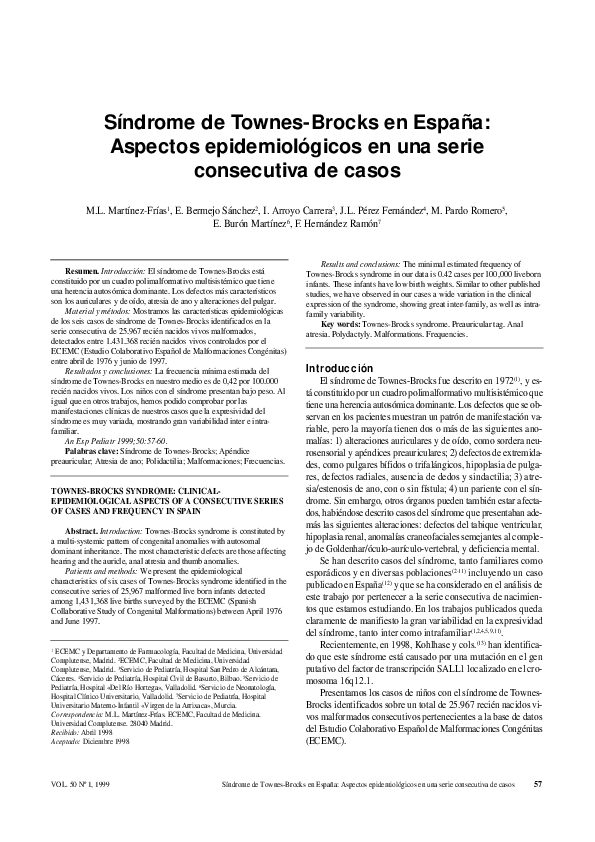 (PDF) Sindrome De Townes-Brocks en Espana : Aspectos Epidemiologicos en ...