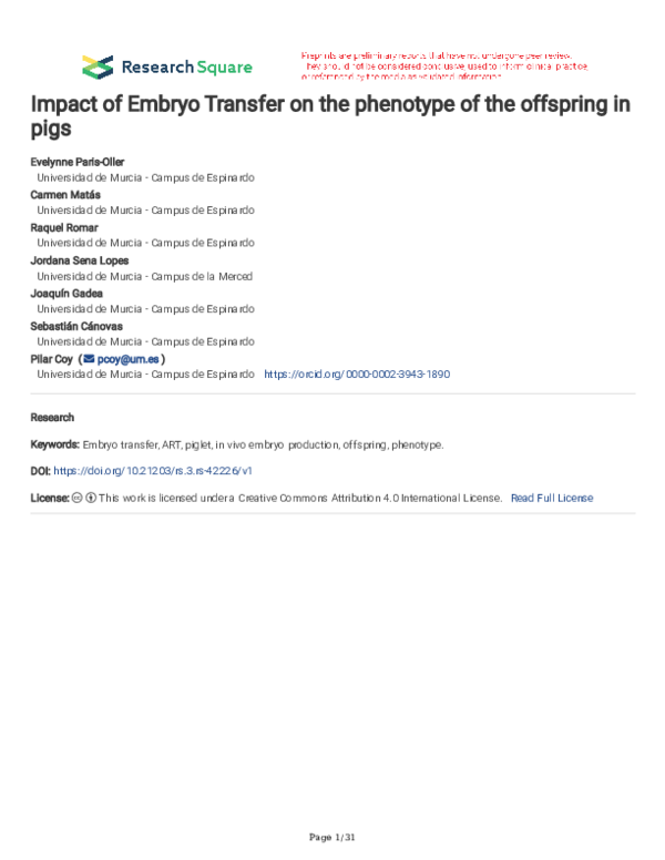 (PDF) Impact of Embryo Transfer on the phenotype of the offspring in pigs