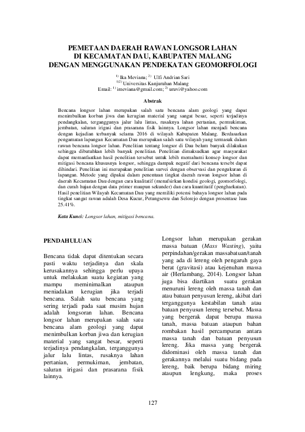 (PDF) Pemetaan Daerah Rawan Longsor Lahan DI Kecamatan Dau, Kabupaten ...