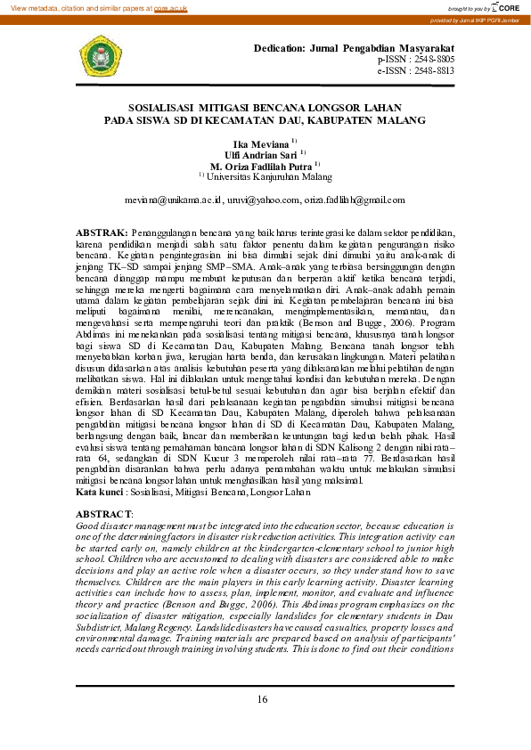 (PDF) Sosialisasi Mitigasi Bencana Longsor Lahan Pada Siswa SD DI ...