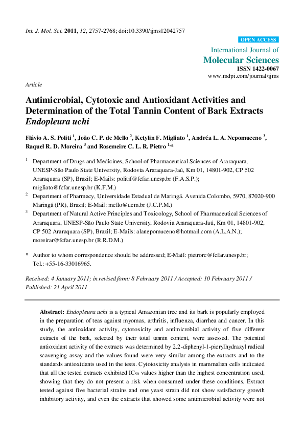 (PDF) Antimicrobial, Cytotoxic and Antioxidant Activities and Determination of the Total Tannin ...