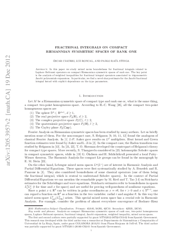 Pdf Fractional Integrals On Compact Riemannian Symmetric Spaces Of Rank One