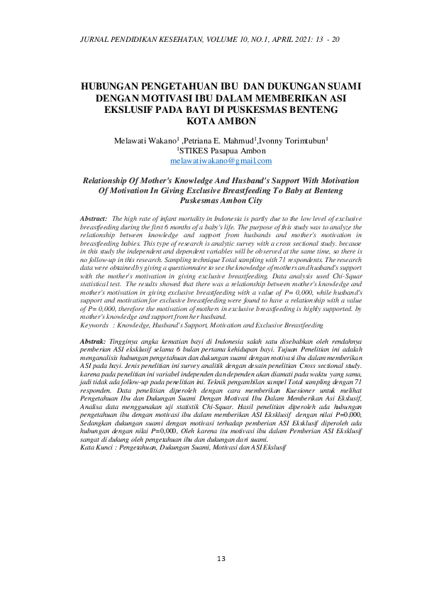 (PDF) Hubungan Pengetahuan Ibu Dan Dukungan Suami Dengan Motivasi Ibu Dalam Memberikan Asi ...