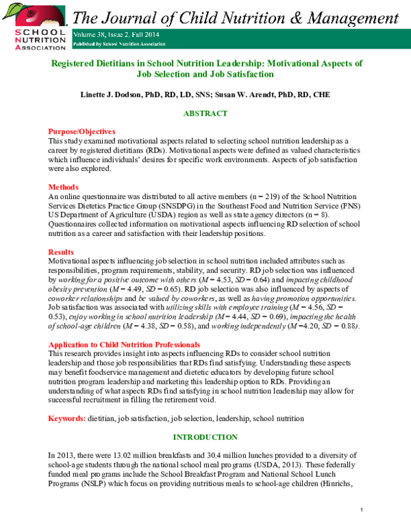 (PDF) Registered Dietitians in School Nutrition Leadership ...
