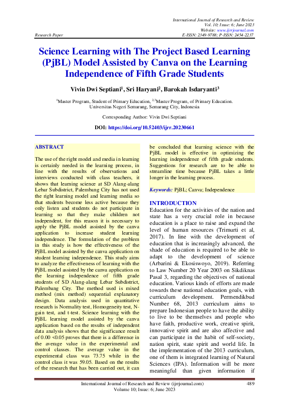 (PDF) Science Learning with The Project Based Learning (PjBL) Model ...