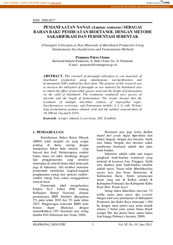 Pineapple Utilization as Raw Materials of Bioethanol Production Using ...