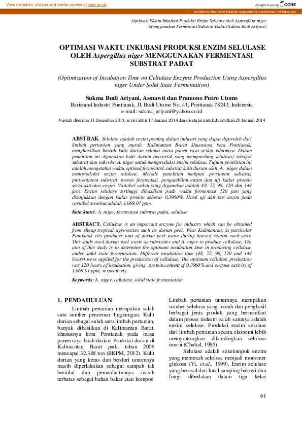 Pdf Optimization Of Incubation Time On Cellulase Enzyme Production Using Aspergillus Niger