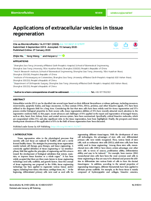 (PDF) Applications of extracellular vesicles in tissue regeneration