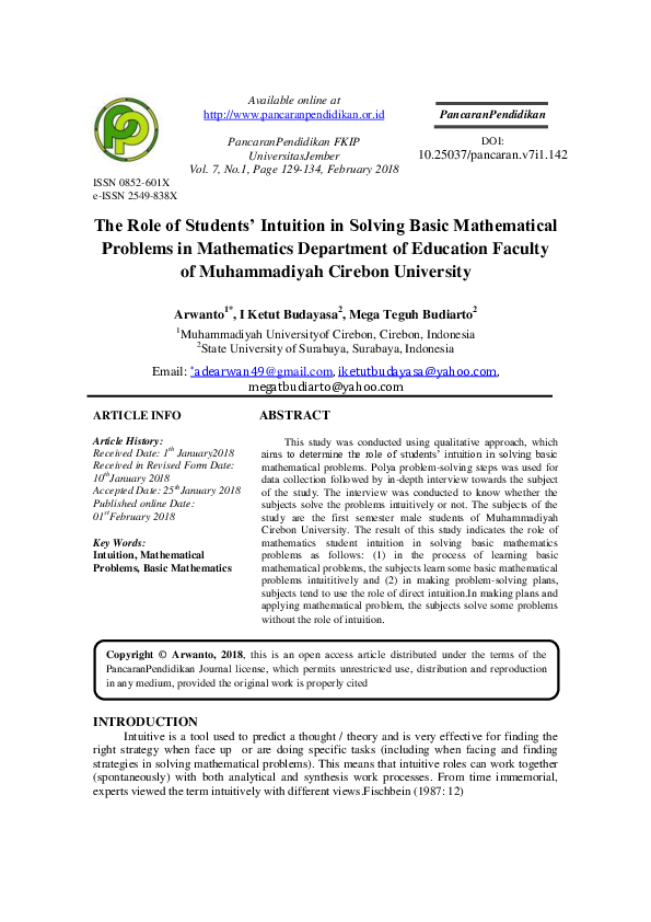 (PDF) The Role of Students’ Intuition in Solving Basic Mathematical Problems in Mathematics ...