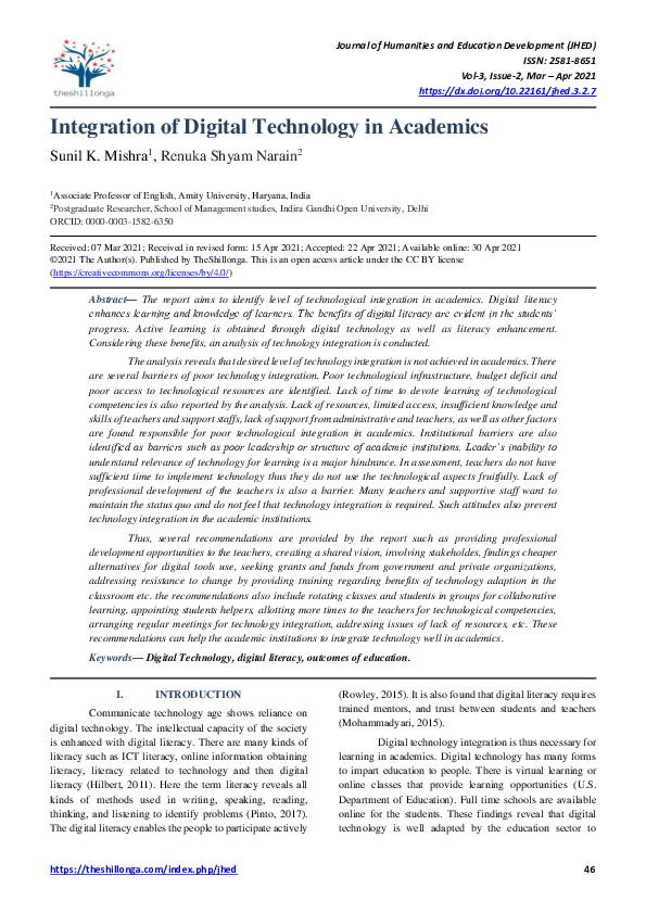 (PDF) Integration of Digital Technology in Academics