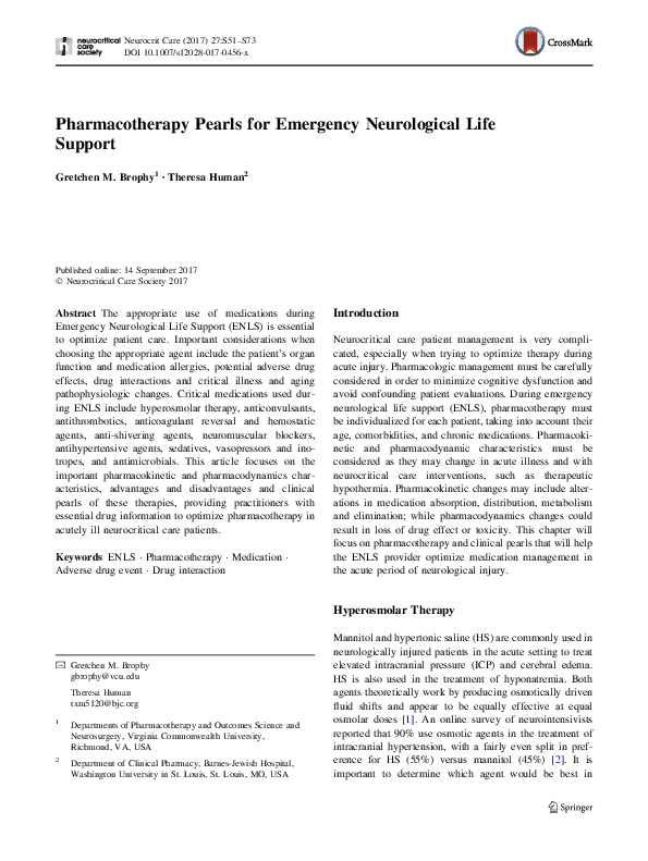 (PDF) Pharmacotherapy Pearls for Emergency Neurological Life Support