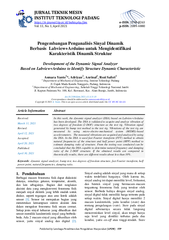 Pdf Development Of The Dynamic Signal Analyzer Based On Labviewarduino To Identify Structure