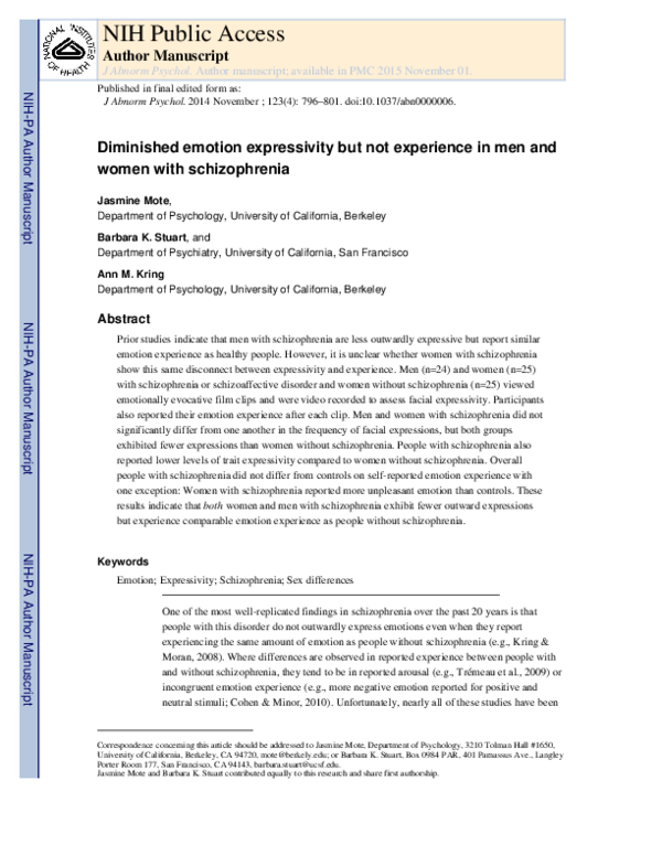 (PDF) Diminished emotion expressivity but not experience in men and ...