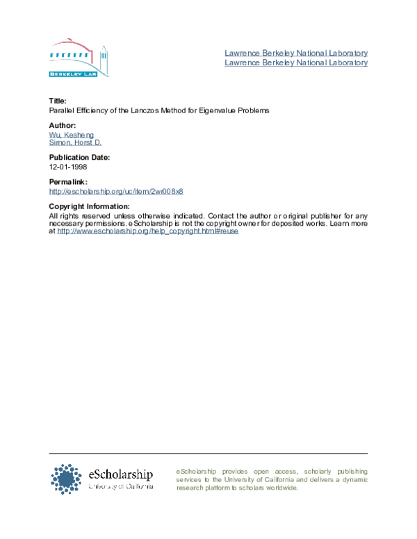 Pdf Parallel Efficiency Of The Lanczos Method For Eigenvalue Problems
