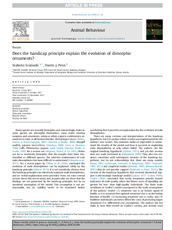 (PDF) Does the handicap principle explain the evolution of dimorphic ...