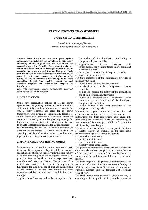 (PDF) Tests on Power Transformers
