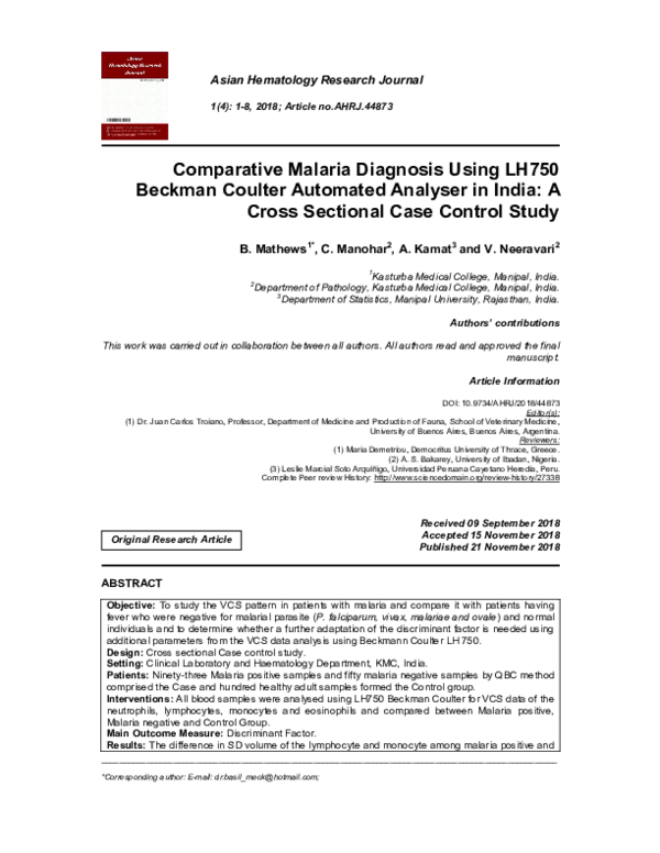 (PDF) Comparative Malaria Diagnosis Using LH750 Beckman Coulter ...
