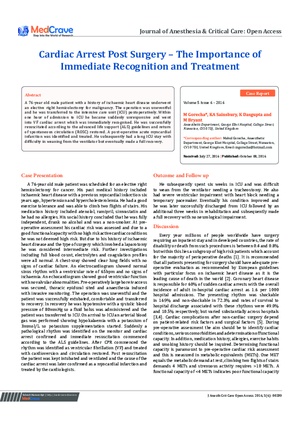 (PDF) Cardiac Arrest Post Surgery – The Importance of Immediate ...
