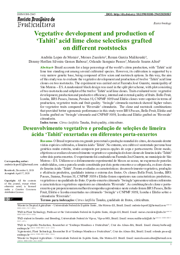 (PDF) Vegetative development and production of ‘Tahiti’ acid lime clone selections grafted on ...