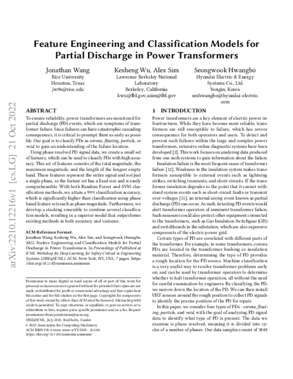 (PDF) Feature Engineering and Classification Models for Partial Discharge in Power Transformers