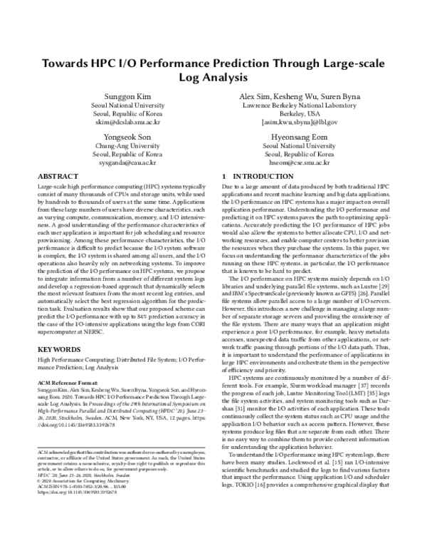 (PDF) Towards HPC I/O Performance Prediction through Large-scale Log Analysis