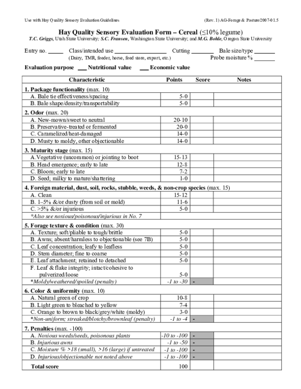(PDF) Hay Quality Sensory Evaluation Form - Cereal