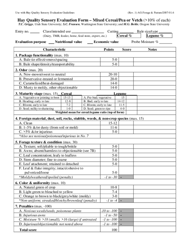 (PDF) Hay Quality Sensory Evaluation Form - Mixed Cereal/Pea or Vetch
