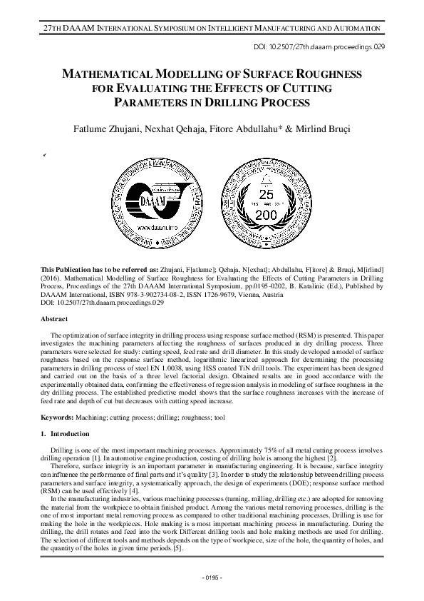 Pdf Mathematical Modelling Of Surface Roughness For Evaluating The Effects Of Cutting