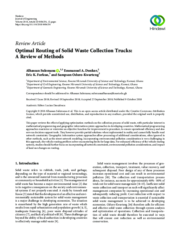 (PDF) Optimal Routing of Solid Waste Collection Trucks: A Review of Methods