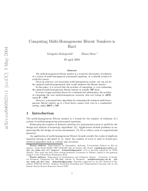 (PDF) Computing Minimal Multi-Homogeneous Bezout Numbers Is Hard ...