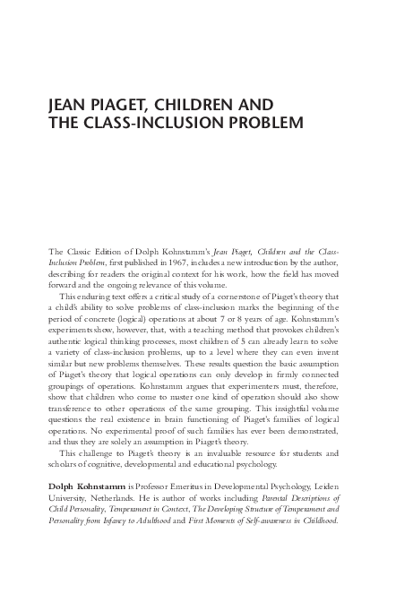 (PDF) Jean Piaget, Children and the Class-Inclusion Problem